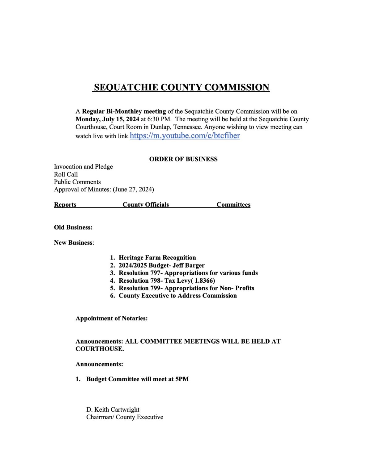 Sequatchie County Commission Agenda 07/15/24 : Sequatchie County Government