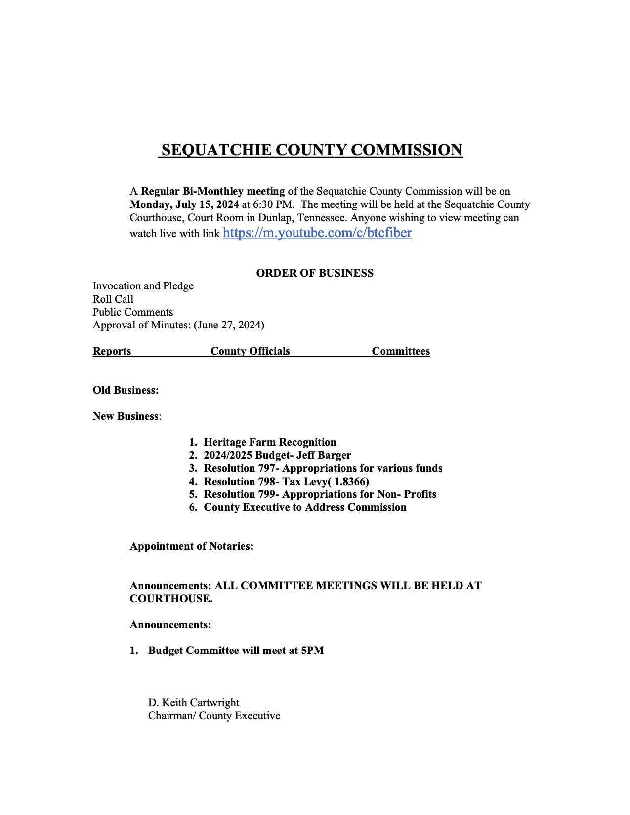 Sequatchie County Commission Agenda 07/15/24 : Sequatchie County Government