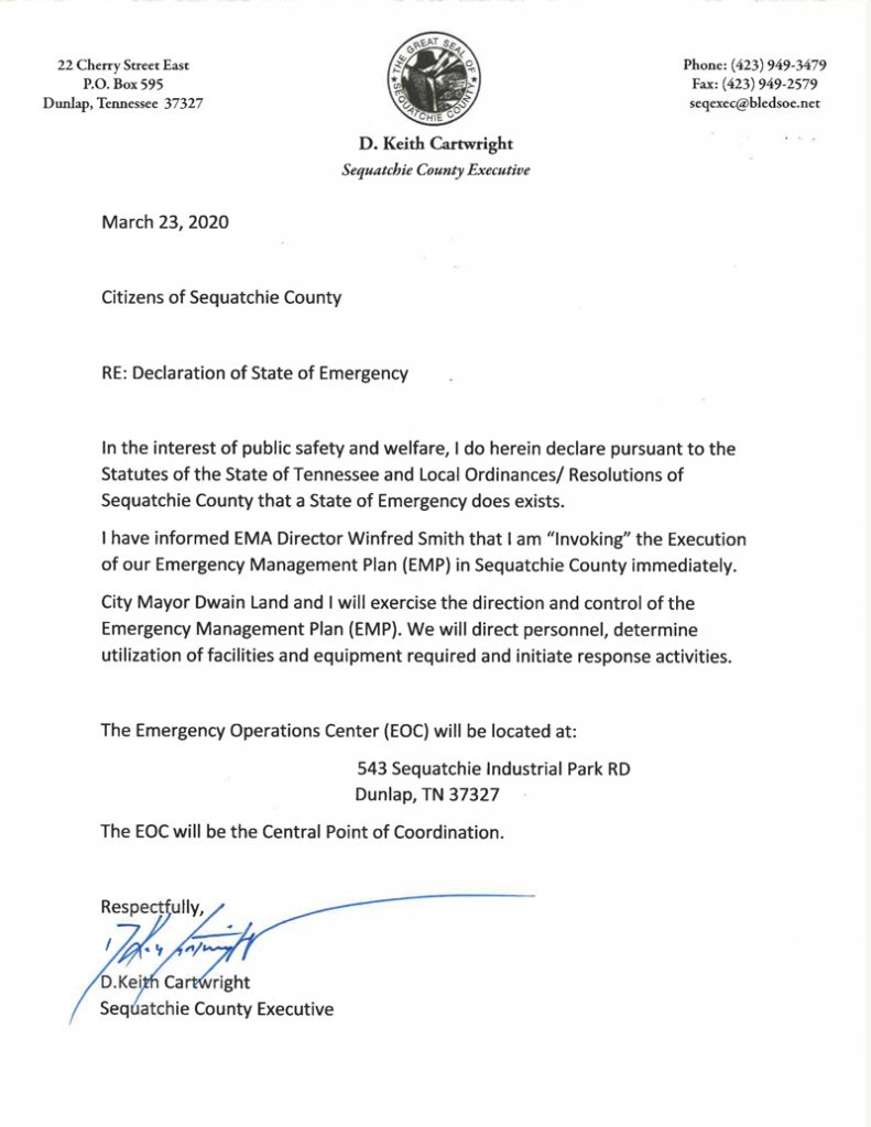 COVID-19 Declaration of State of Emergency : Sequatchie County Government